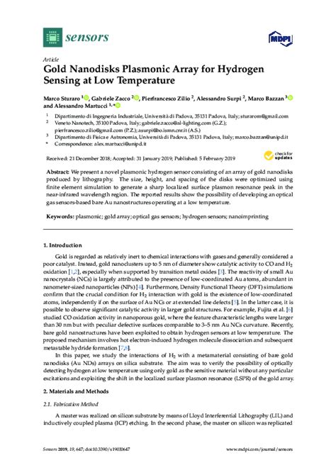 Pdf Gold Nanodisks Plasmonic Array For Hydrogen Sensing At Low Temperature Marco Sturaro