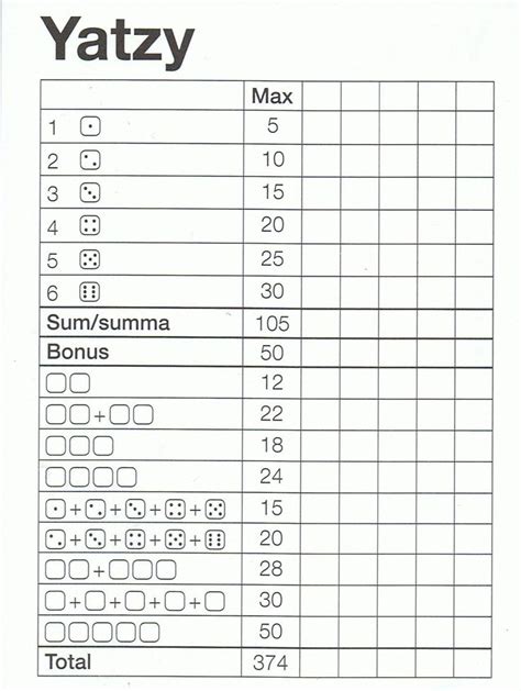 Printable Yatzy Score Sheet