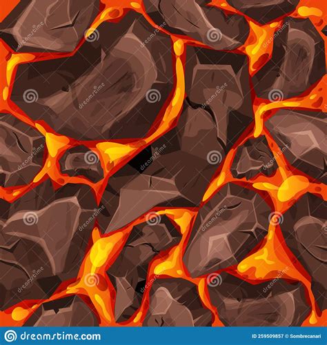 Lava Magma With Stones In Cartoon Style Seamless Pattern Background
