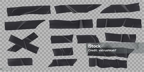 블랙 접착제 테이프 찢어진 가장자리와 현실적인 끈적 끈적한 스트립 조각 주름플라스틱 덕트 테이프 스카치 조각 끈적끈적한 스트립