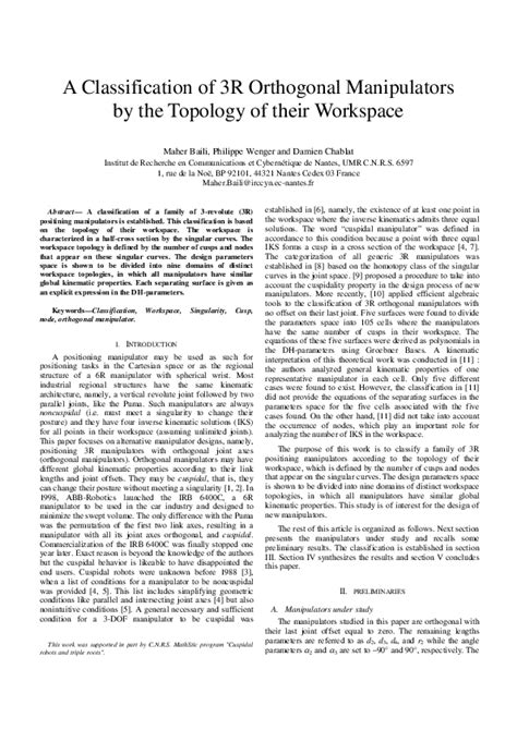 Pdf A Classification Of 3r Orthogonal Manipulators By The Topology Of Their Workspace