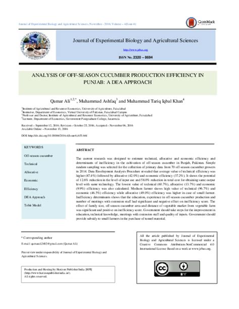 Pdf Analysis Of Off Season Cucumber Production Efficiency In Punjab A Dea Approach
