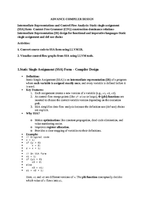 Acd Compiler Design Ssa Cfg And Data Flow Analysis Notes Studocu