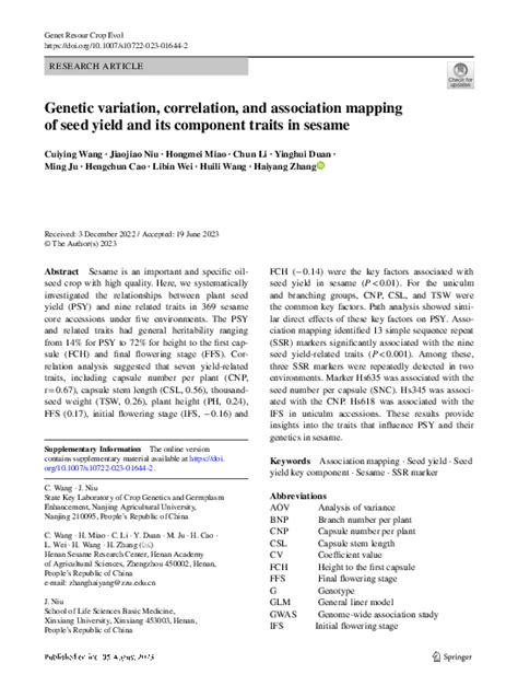 Pdf Genetic Variation Correlation And Association Mapping Of Seed Yield And Its Component