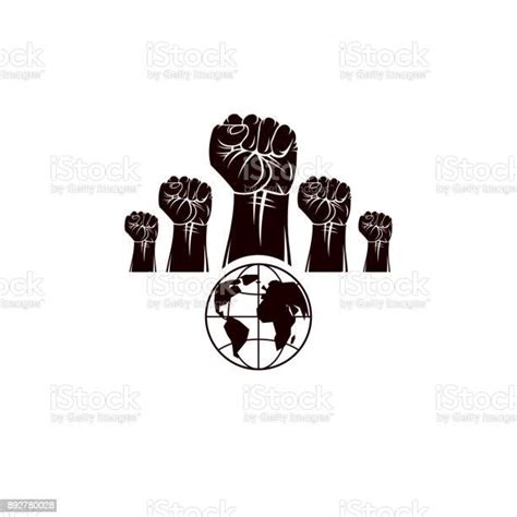 성 난 사람들 벡터 상징의 쥔된 주먹 지구 글로브 기호로 구성 남북 전쟁 추상 그림입니다 사회 혁명 개념입니다 Revolution에 대한 스톡 벡터 아트 및 기타 이미지