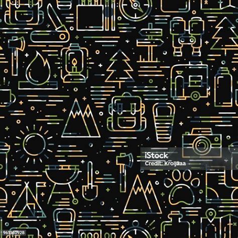 하이킹 그리고 선 스타일의 완벽 한 패턴을 캠핑입니다 야외 캠프 모험 테마입니다 벡터 일러스트입니다 배경입니다 인쇄를 하이킹 관광에 대한 스톡 벡터 아트 및 기타 이미지