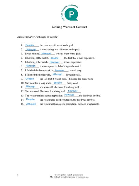 Linking Words Exercise 1 Pdf