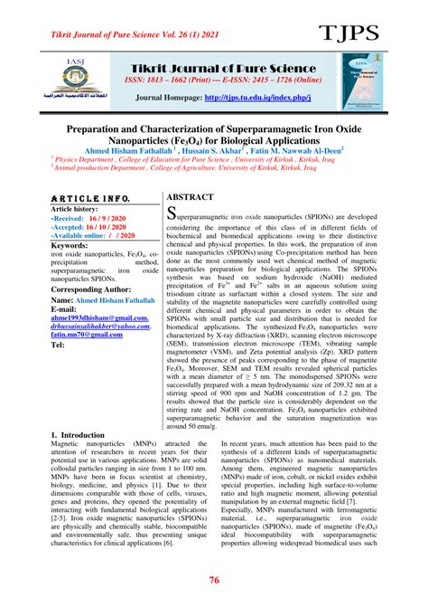 Pdf Preparation And Characterization Of Superparamagnetic Iron Oxide Nanoparticles Fe3o4 For