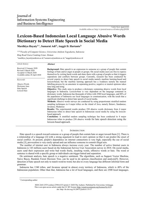 Pdf Lexicon Based Indonesian Local Language Abusive Words Dictionary To Detect Hate Speech In