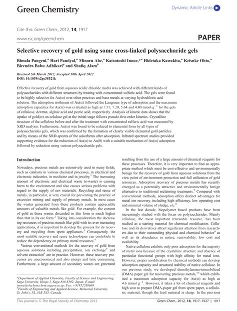 Pdf Selective Recovery Of Gold Using Some Cross Linked Polysaccharide Gels