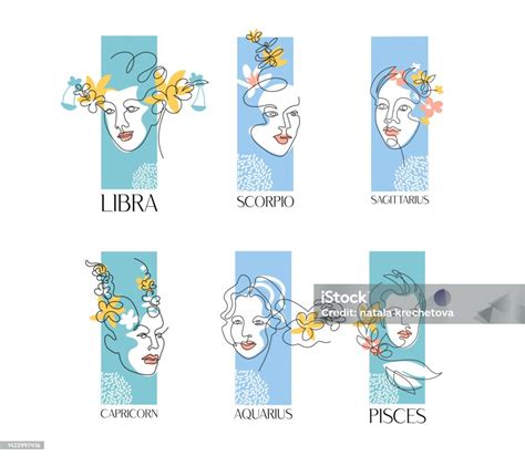 조디악 표지판 세트 천칭자리 전갈자리 궁수자리 염소자리 물병자리 피스체 한 줄 그리기 점성술 기호에 대한 스톡 벡터 아트 및 기타 이미지 Istock