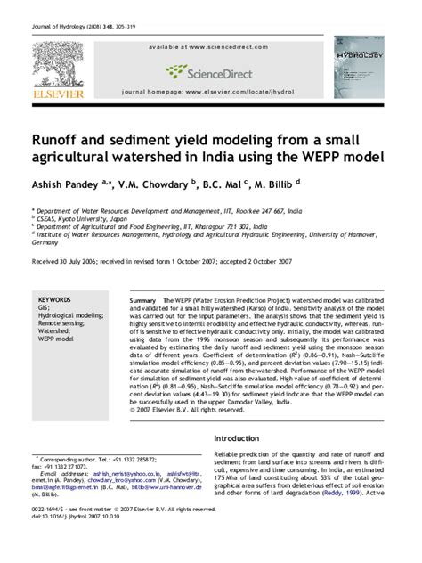 Pdf Runoff And Sediment Yield Modeling From A Small Agricultural Watershed In India Using The