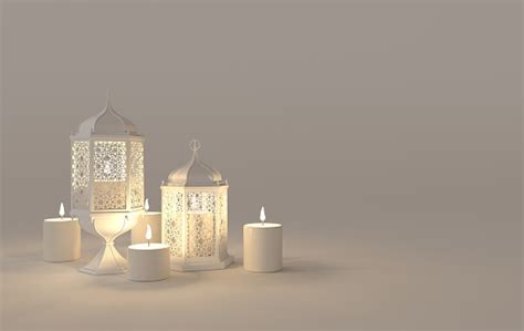 촛불이달린 흰색 등불 아랍어 장식이 있는 램프 아라베스크 디자인 이슬람 축하 날 라마단 카림 또는 이드 알 Fitr 아드하에 대한 개념 3d 렌더링 그림 0명에 대한 스톡