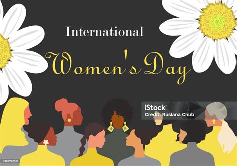 세계 여성의 날엽수 카모마일 꽃과 다른 국적과 종교의 여성과 트렌디 한 노란색과 회색 색상 2021 엽서 템플릿 벡터 그래픽 International Womens Day에