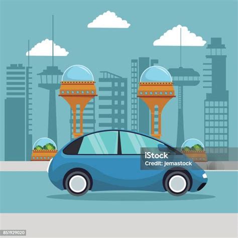 다채로운 현장 미래의 도시 메트로 폴리스 작은 블루 자동차 차량 거리에 대한 스톡 벡터 아트 및 기타 이미지 거리 건물