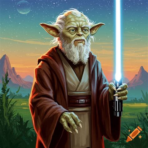 Illustration Of Master Yoda Holding A Blue Lightsaber In A Starry