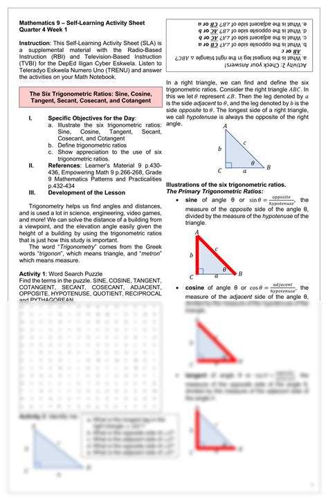 Solution Mathematics 9 The Six Trigonometric Ratios Sine Cosine Tangent Secant Cosecant And