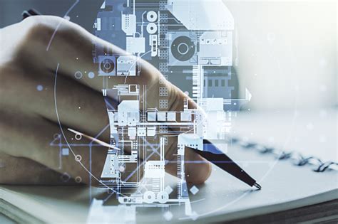 배경에 노트북에 사람의 손으로 쓰기와 창조적 인 인공 지능 기호의 이중 노출 신경망 및 기계 학습 개념 과학에 대한 스톡 사진 및 기타 이미지 Istock