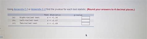solved using appendix c 1 or appendix c 2 find the p value