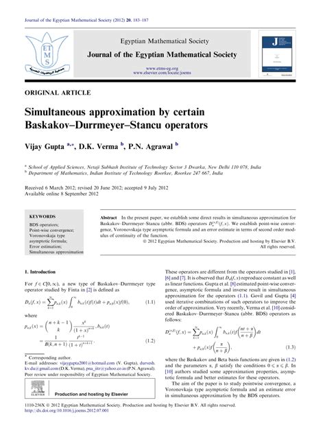 PDF Simultaneous Approximation By Certain BaskakovDurrmeyerStancu Operators