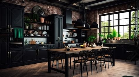 어두운 색상의 클래식 가구의 3d 렌더링을 사용한 현대적인 빈티지 복고풍 주방 디자인 배경 현대적 배경 색상 배경 고풍 배경 이미지 Hd 현대적 색상 고풍 배경