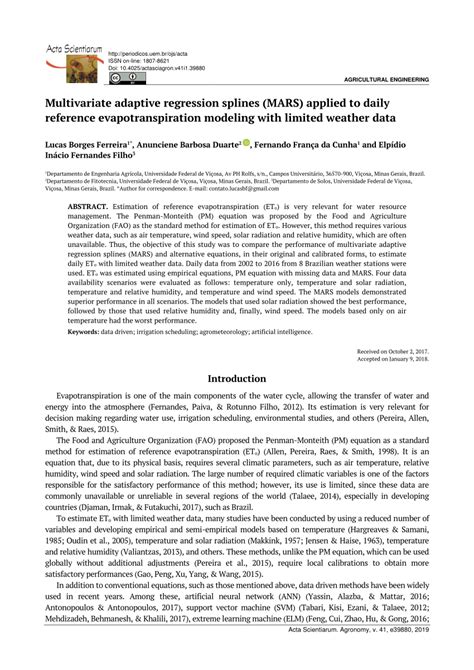 Pdf Multivariate Adaptive Regression Splines Mars Applied To Daily
