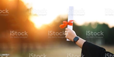 대학 졸업 증명서를 들고 검은 모자를 쓰고 졸업생 개념 교육 축하 졸업식 대학의 졸업생을 축하했다 25 29세에 대한 스톡 사진