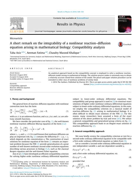 Pdf A Short Remark On The Integrability Of A Nonlinear Reaction Diffusion Equation Arising In