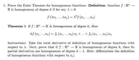 Solved Prove The Euler Theorem For Homogeneous Functions Definition