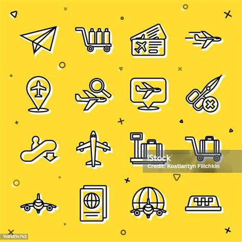 세트 라인 택시 자동차 지붕 트롤리 수하물 가위 없음 항공권 비행기 검색 비행기 종이 비행기 및 아이콘 벡터 가방에 대한 스톡 벡터 아트 및 기타 이미지 Istock