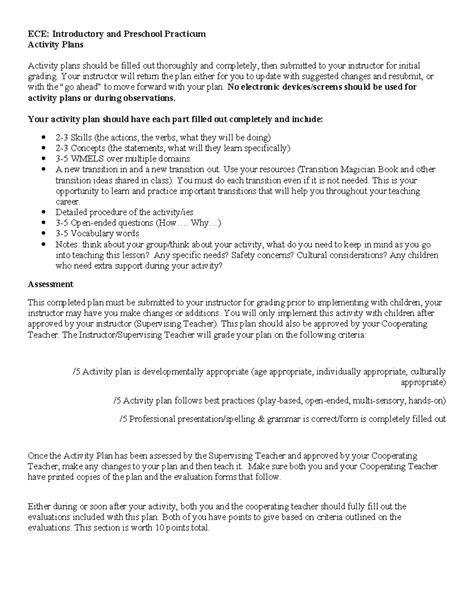 Activity Plan Assignment Sheet Ece Introductory And Preschool Practicum Activity Plans