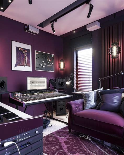 Modern Purple Sound Studio With Audio Equipment And Chair Stock