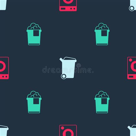 Set Washer Trash Can And Bucket With Foam On Seamless Pattern Vector Stock Vector