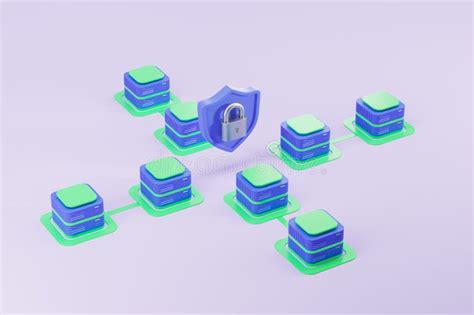 Top View Of Data Servers Connected Blue Shield With Lock Protection