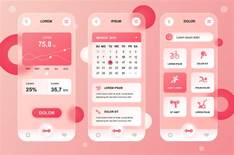 모바일 응용 프로그램에 대한 피트니스 운동 호형성 요소 키트 스포츠 활동 추적기 체중 그래프 캘린더 플래너 Ui Ux Gui