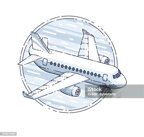둥근 모양의 비행기 여객기 항공사 항공 여행 엠블럼 또는 일러스트레이션 흰색 배경 위에 격리 된 아름다운 얇은 선 벡터 3차원 형태에 대한 스톡 벡터 아트 및 기타 이미지