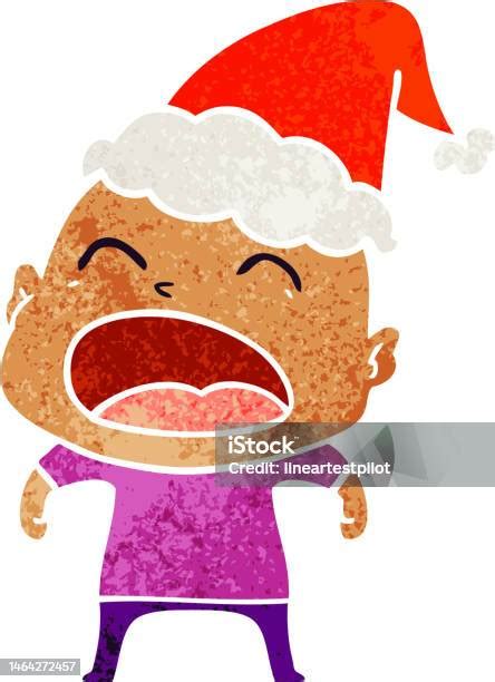산타 모자를 쓰고 외치는 대머리 남자의 손으로 그린 복고풍 만화 낙서 드로잉에 대한 스톡 벡터 아트 및 기타 이미지 낙서 드로잉 남자 노래 Istock
