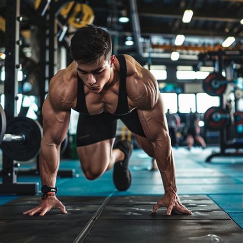 A Man Doing Push Ups In A Gym With A Barbell In The Background