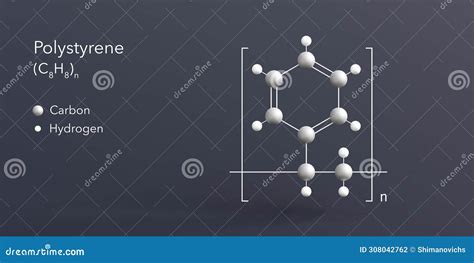 Polystyrene Molecule 3d Rendering Flat Molecular Structure With Chemical Formula And Atoms