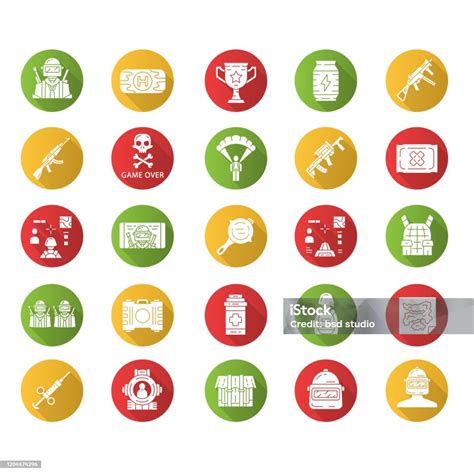 온라인 게임 인벤토리 플랫 디자인 긴 그림자 문표 아이콘 세트 첫 번째 사람에서 사수 온라인 멀티 플레이어 E스포츠 사이버 스포츠 장비 컴퓨터 비디오 게임 도구 벡터 실루엣