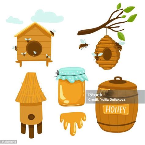 꿀 생산 양봉장 농산물 및 장비 유리 항아리 나무에 꿀벌 벌집 나무 딥퍼 및 그릇 벌집 달콤한 액체 건강 식품과 배럴 만화 벡터 일러스트레이션 아이콘 세트 건강한 생활방식에
