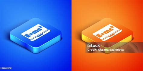 파란색과 주황색 배경에서 격리된 랩톱 아이콘의 방정식 솔루션 의 Isometric 수학 시스템 E는 컴퓨터 화면에서 Mc 제곱