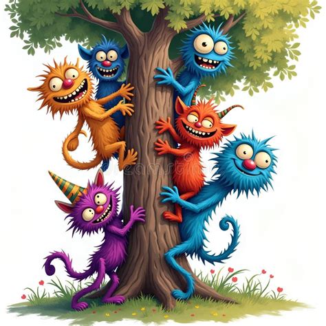 Cartoon Comic Creature Silly Cookie Monster Dragon Gnome Climbing Tree Psychedelic Color Stock