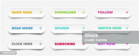 3d 여기를 클릭하십시오 웹 버튼 동작 버튼 손 커서 및 화살표 가리키는 클릭 링크 버튼 세트 장바구니에 추가 지금 쇼핑 업로드 다운로드 버튼 Ui Ux 웹 사이트 모바일