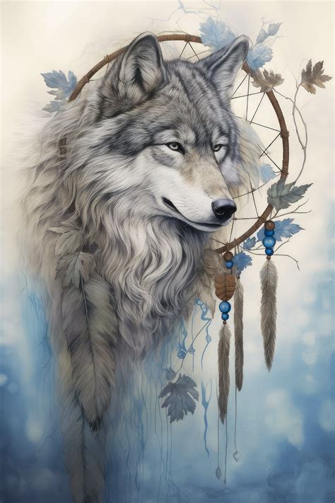 Native American Gray Wolf Animal Art Dreamcatcher Wolf Picture
