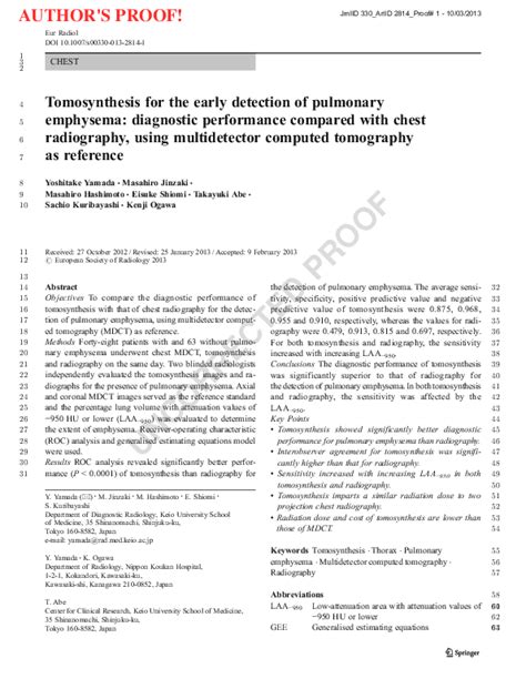 Pdf Tomosynthesis For The Early Detection Of Pulmonary Emphysema Diagnostic Performance