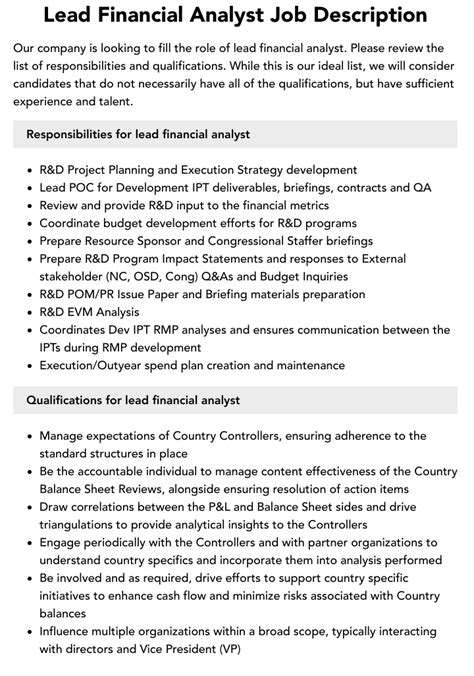 Lead Finance Job Description At Rachel Morgan Blog