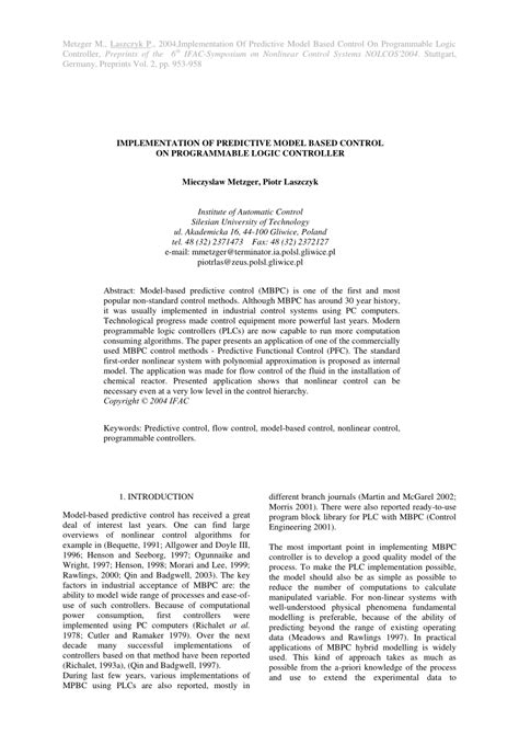 Pdf Implementation Of Predictive Model Based Control On Programmable