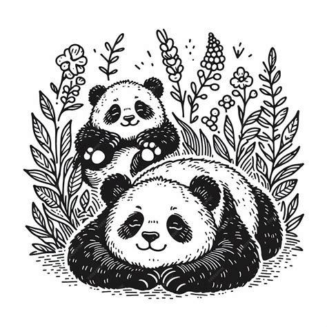 A Drawing Of Pandas And Pandas In A Field Of Flowers Premium Ai