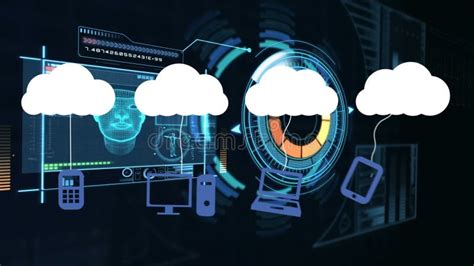 animation of clouds with icons over data processing and scope scanning stock footage video of